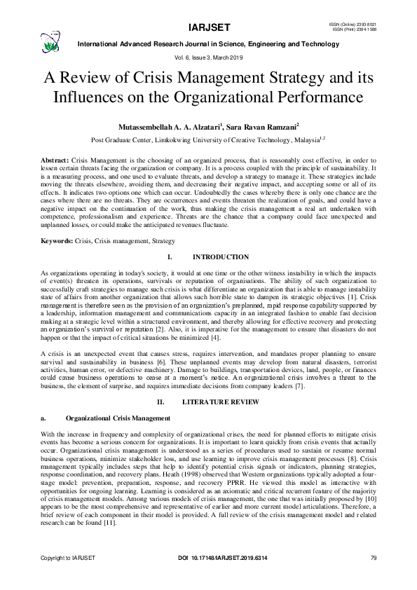 (PDF) A Review of Crisis Management Strategy and its Influences on the ...