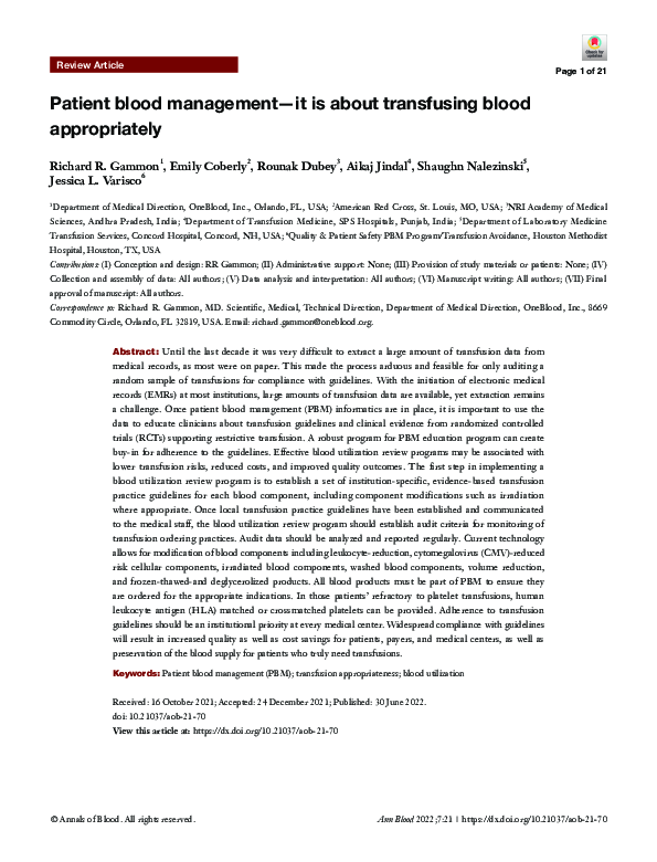(PDF) Patient blood management—it is about transfusing blood appropriately