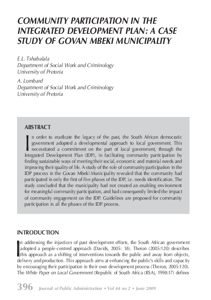 (PDF) Community Participation in the Integrated Development Plan: A Case Study of Govan Mbeki ...
