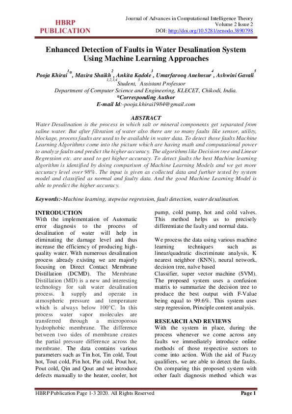 (PDF) Enhanced Detection of Faults in Water Desalination System Using Machine Learning Approaches