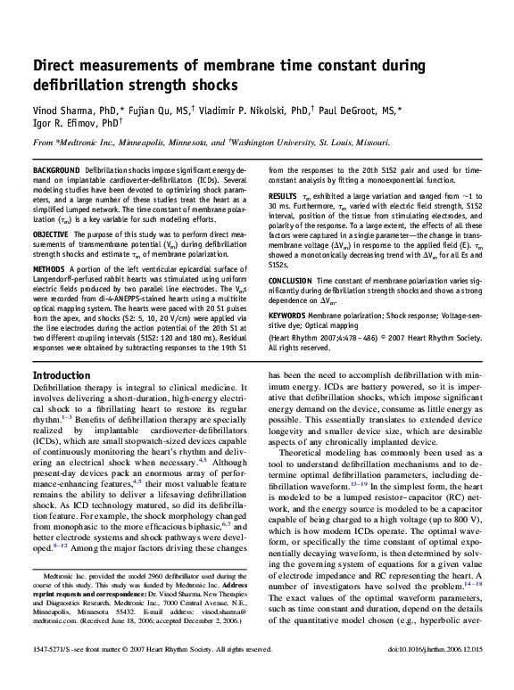(PDF) Membrane Time Constant in Defibrillation Shocks