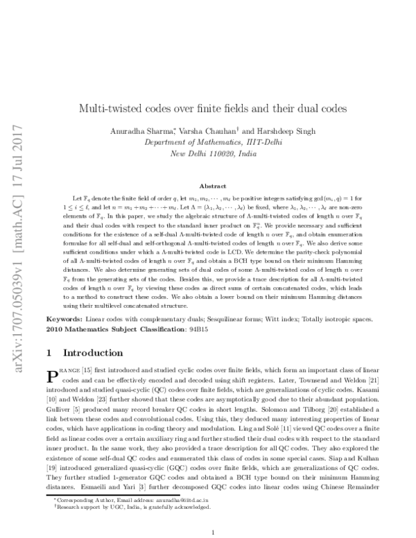 Pdf Multi Twisted Codes Over Finite Fields And Their Dual Codes