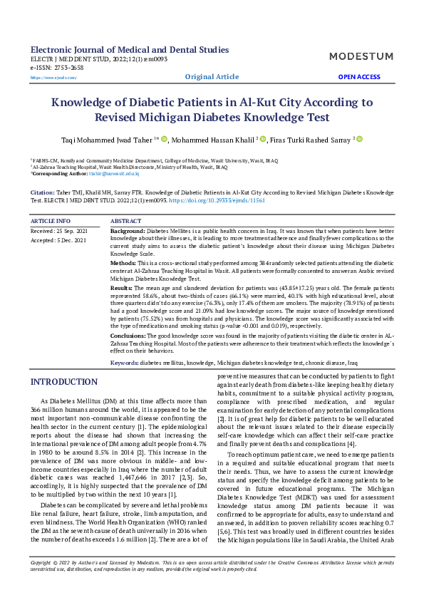(PDF) Knowledge of Diabetic Patients in Al-Kut City According to ...