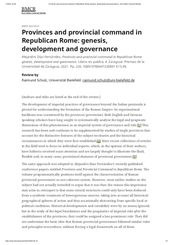 (PDF) Provinces and provincial command in Republican Rome - Bryn Mawr ...