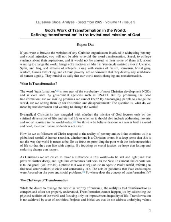 (PDF) God's Work of Transformation in the World: Defining ...