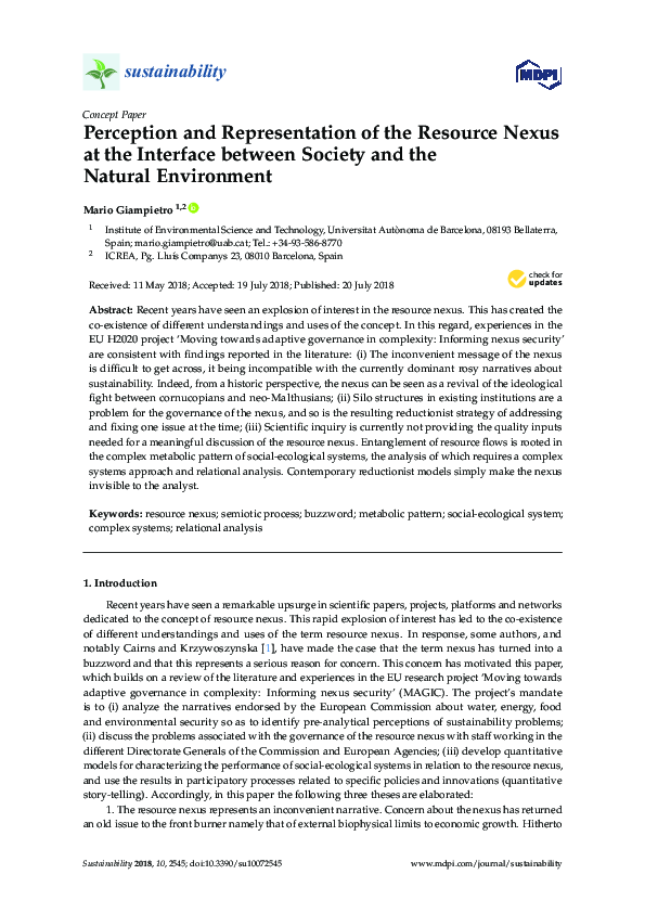 (PDF) Perception and Representation of the Resource Nexus at the ...