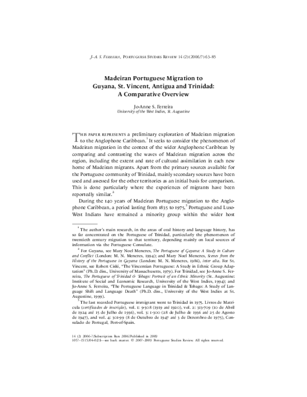 (PDF) Madeiran Portuguese Migration to Guyana, St. Vincent, Antigua and ...