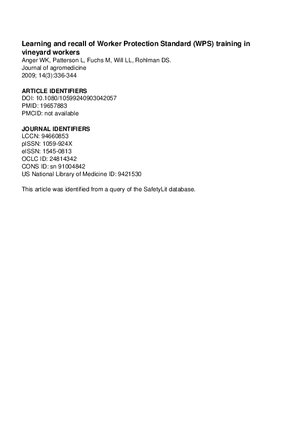 (PDF) Learning and Recall of Worker Protection Standard (WPS) Training in Vineyard Workers