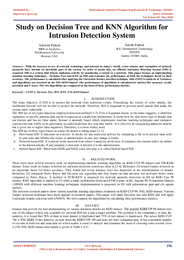 (PDF) Study on Decision Tree and KNN Algorithm for Intrusion Detection System