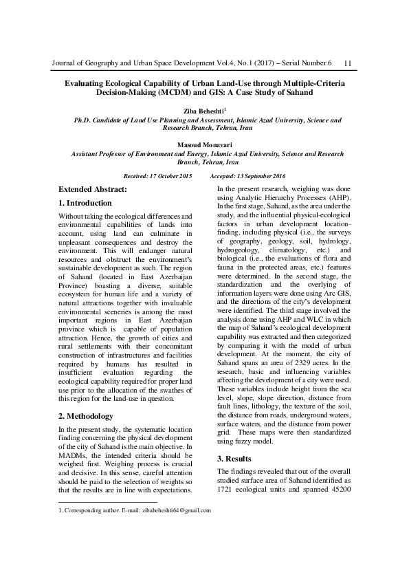 Pdf Evaluating Ecological Capability Of Urban Land Use Through Multiple Criteria Decision