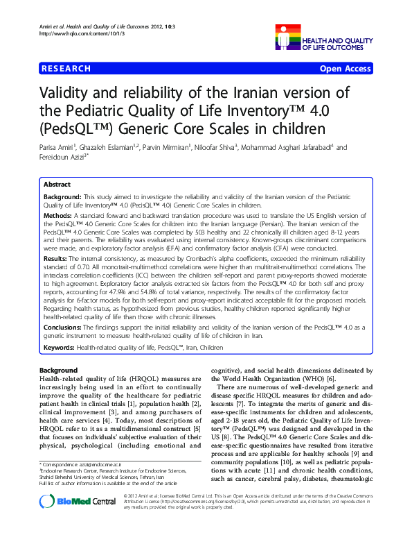 (PDF) PedsQL™ 4.0 Reliability in Iranian Children