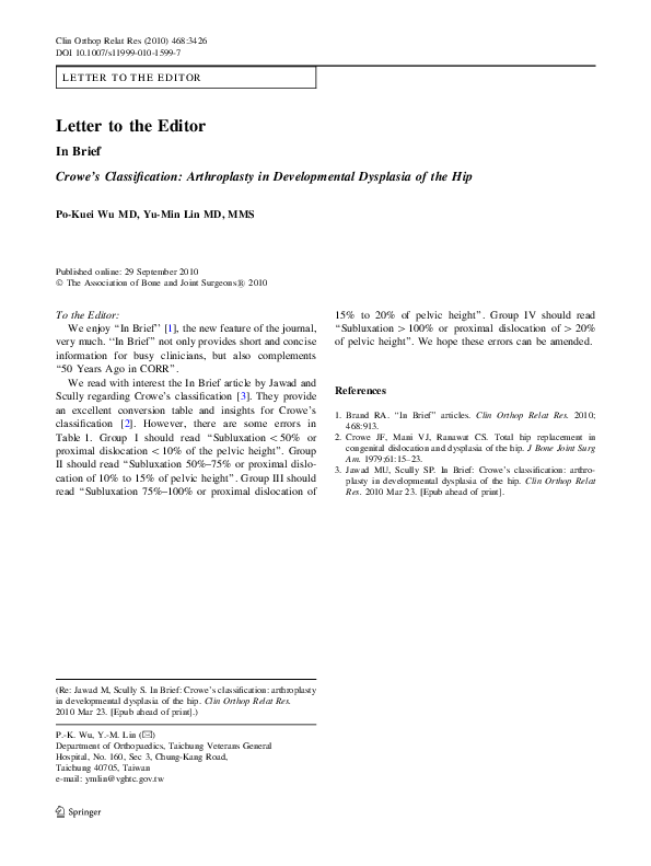 (PDF) Letter to the Editor: In Brief: Crowe’s Classification ...