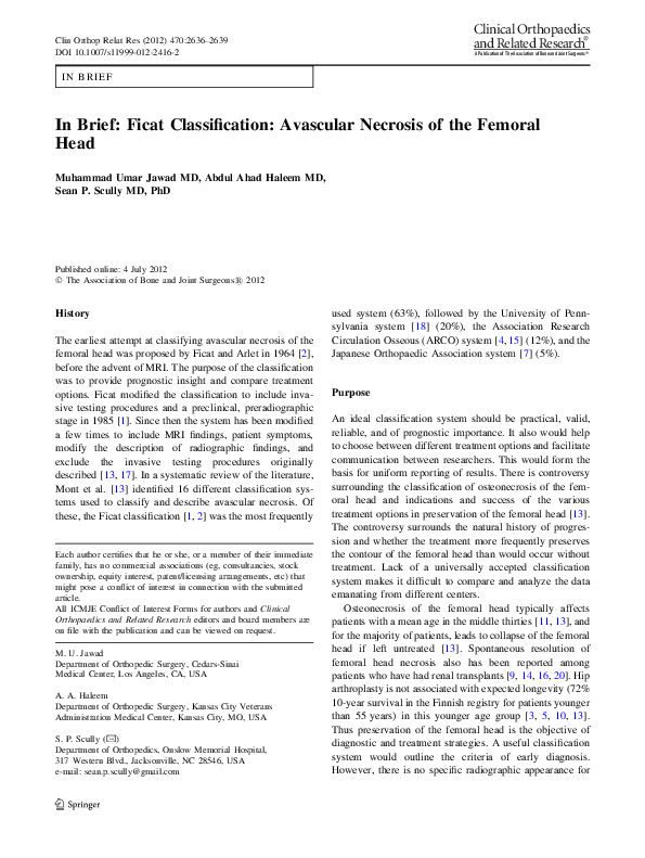 (PDF) In Brief: Ficat Classification: Avascular Necrosis of the Femoral ...