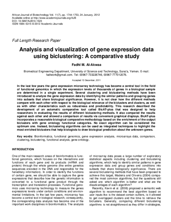 (PDF) Analysis and visualization of gene expression data using biclustering: A comparative study