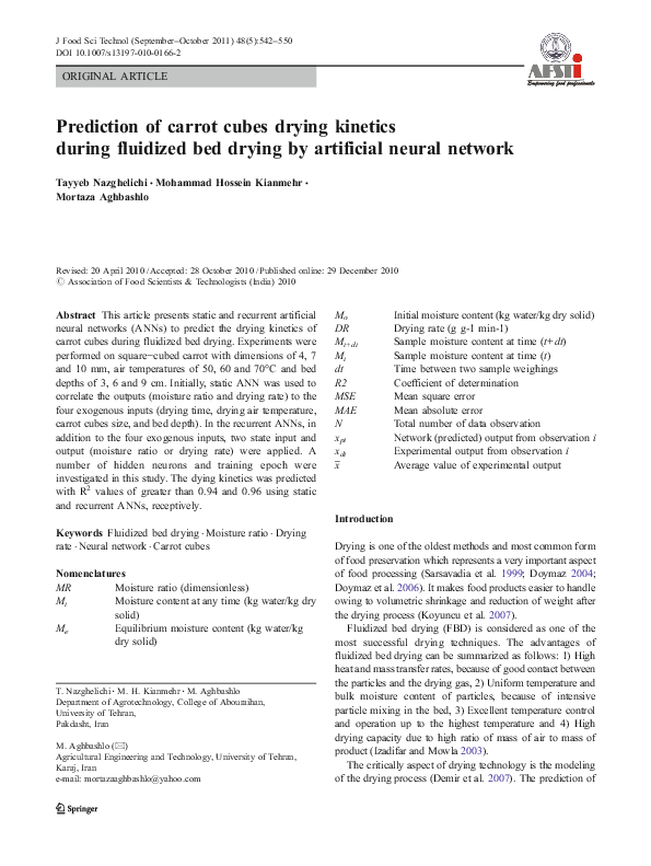 (PDF) Prediction of carrot cubes drying kinetics during fluidized bed drying by artificial ...