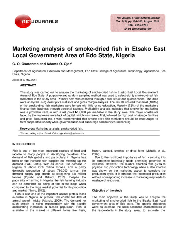 (PDF) Marketing analysis of smoke-dried fish in Etsako East Local ...