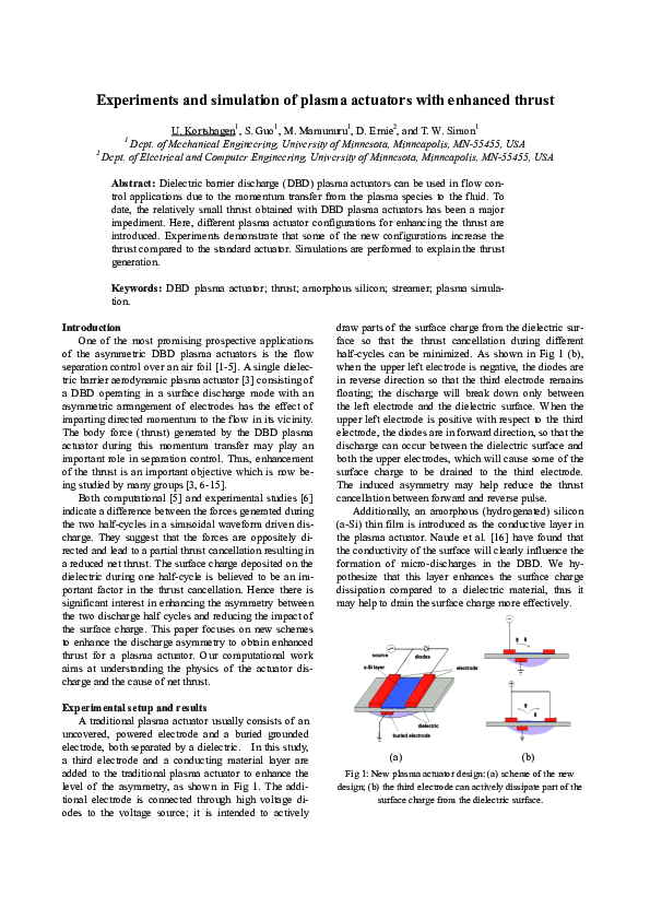(PDF) Experiments and simulation of plasma actuators with enhanced thrust