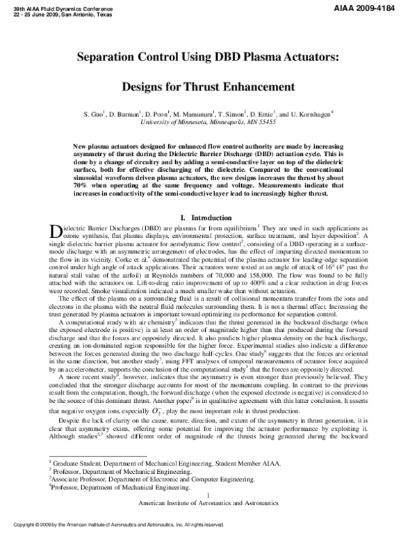 (PDF) Separation Control Using DBD Plasma Actuators: Designs for Thrust Enhancement
