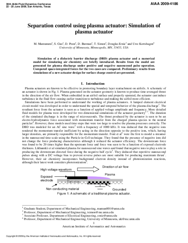 (PDF) Separation Control Using Plasma Actuator: Simulation of Plasma Actuator | Meenakshi ...