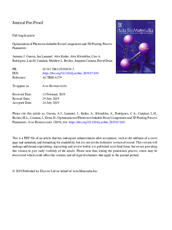 Pdf Optimization Of Photocrosslinkable Resin Components And 3d Printing Process Parameters