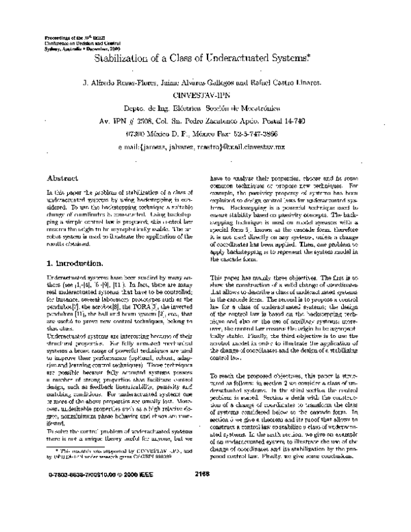 (PDF) Stabilization of a class of underactuated systems