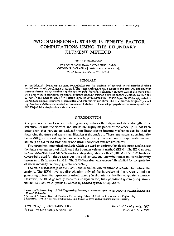 Pdf Two Dimensional Stress Intensity Factor Computations Using The Boundary Element Method