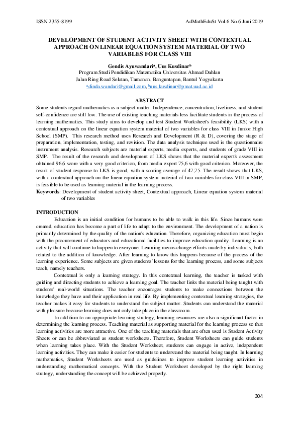 (PDF) Development of Student Activity Sheet with Contextual Approach on Linear Equation System ...