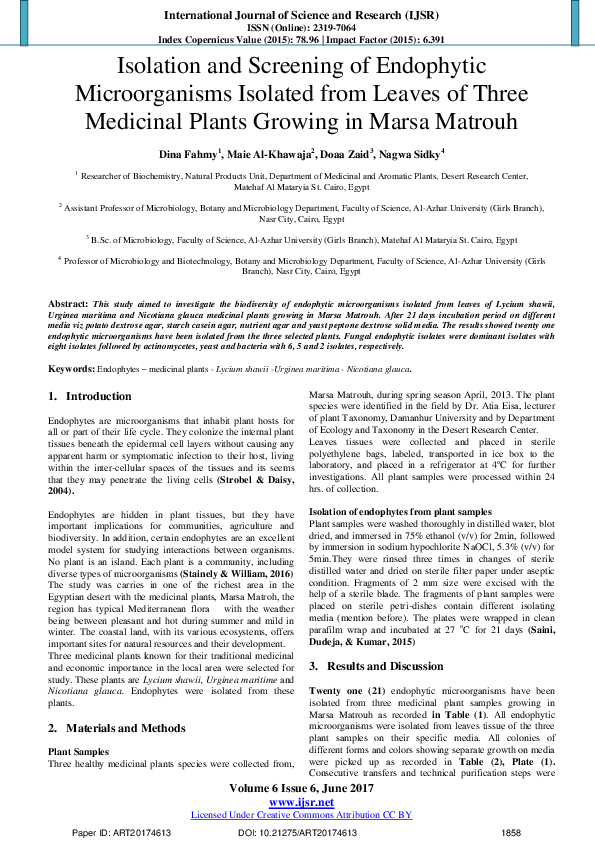 (PDF) Isolation and Screening of Endophytic Microorganisms Isolated from Leaves of Three ...