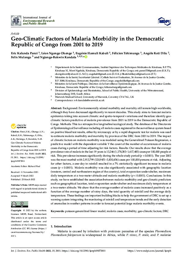 (PDF) Geo-Climatic Factors of Malaria Morbidity in the Democratic Republic of Congo from 2001 to ...