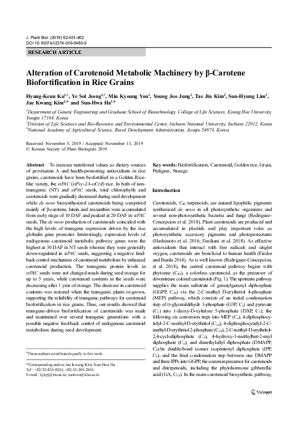 (PDF) Alteration of Carotenoid Metabolic Machinery by β-Carotene Biofortification in Rice Grains