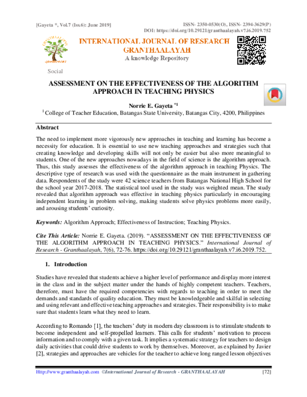 (PDF) Effectiveness of Algorithmic Approaches in Physics Education