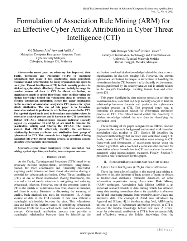 (PDF) Formulation of Association Rule Mining (ARM) for an Effective Cyber Attack Attribution in ...
