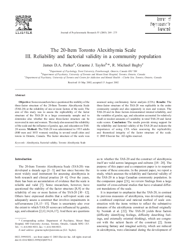(PDF) The 20-Item Toronto Alexithymia Scale