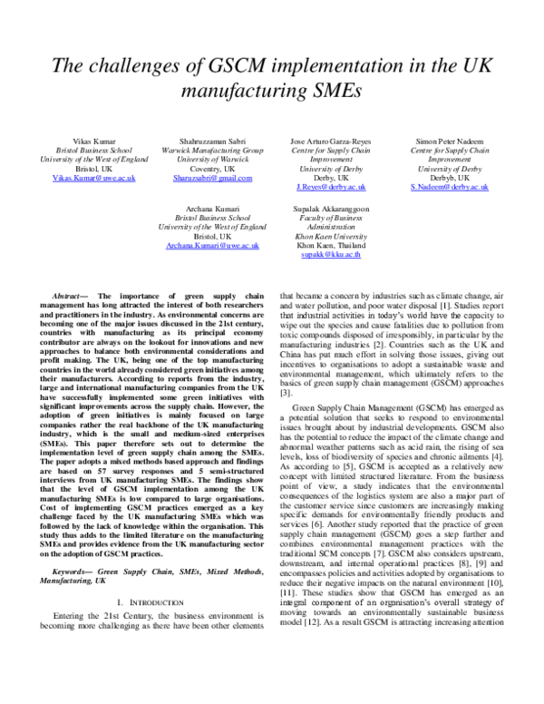 (PDF) The challenges of GSCM implementation in the UK manufacturing SMEs