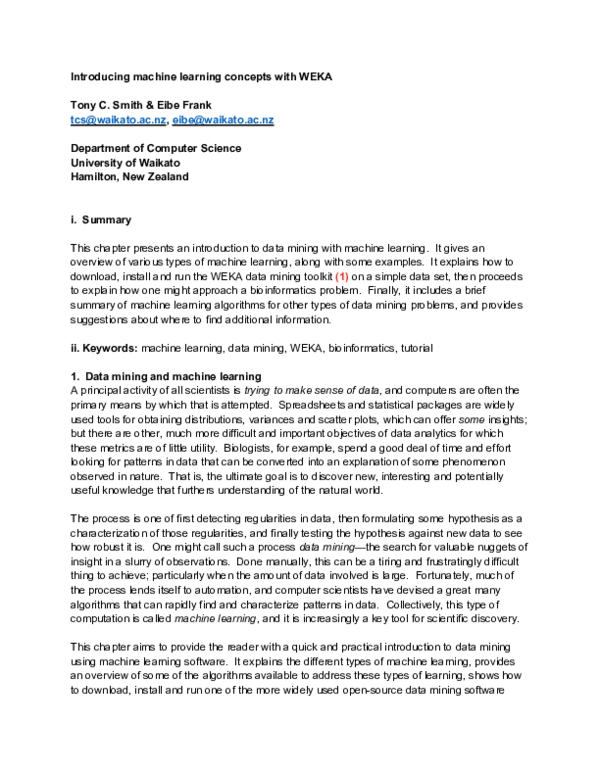 Pdf Introducing Machine Learning Concepts With Weka