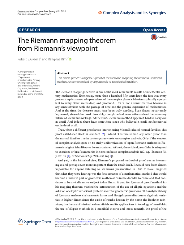 Pdf The Riemann Mapping Theorem From Riemanns Viewpoint