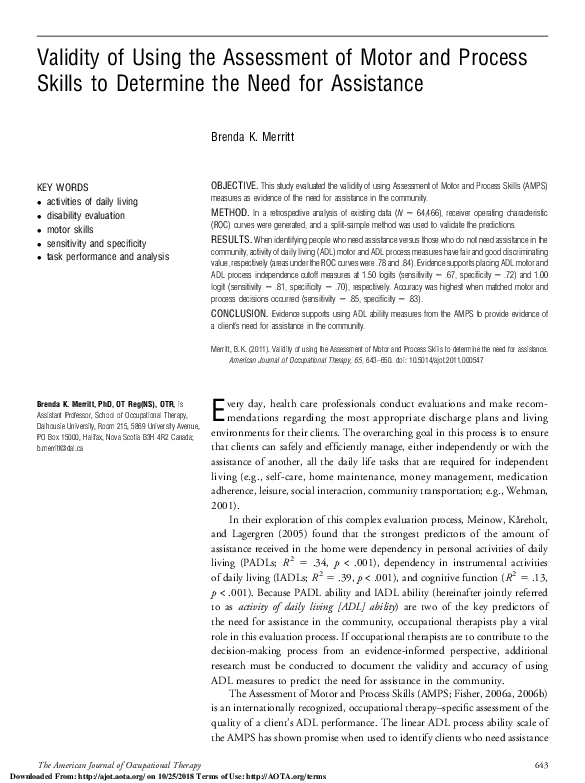 (PDF) Validity of Using the Assessment of Motor and Process Skills to Determine the Need for ...
