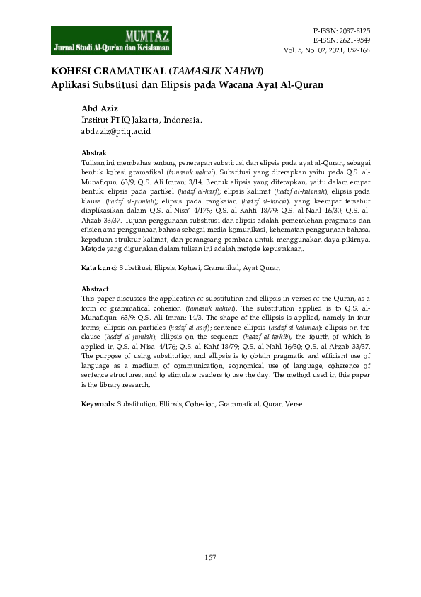 (PDF) KOHESI GRAMATIKAL (TAMASUK NAHWI) Aplikasi Substitusi dan Elipsis ...