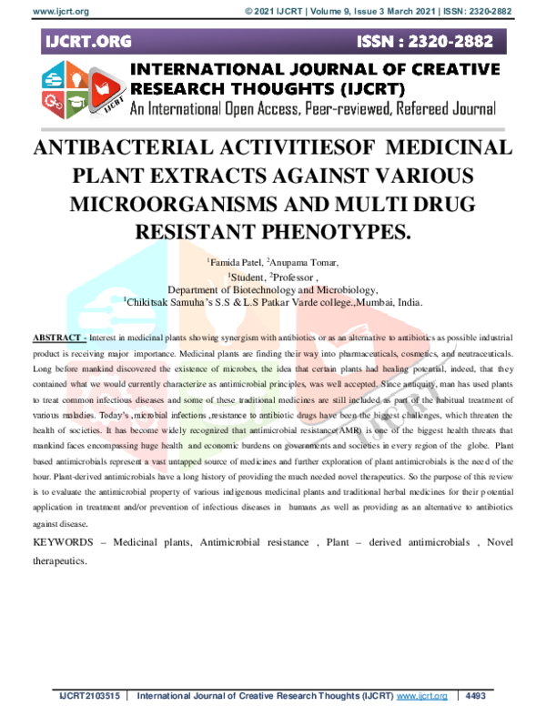 (PDF) Antibacterial Activitiesof Medicinal Plant Extracts Against Various Microorganisms and ...