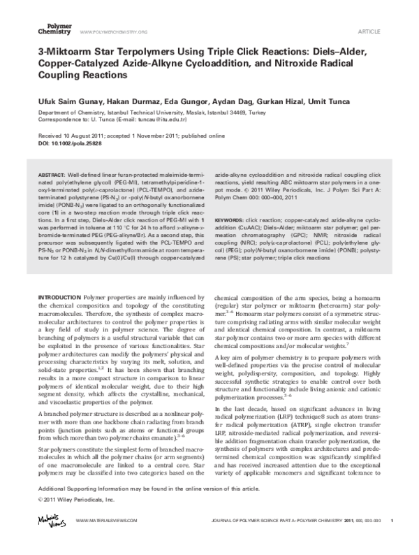(PDF) 3-Miktoarm Star Terpolymers Using Triple Click Reactions: Diels ...