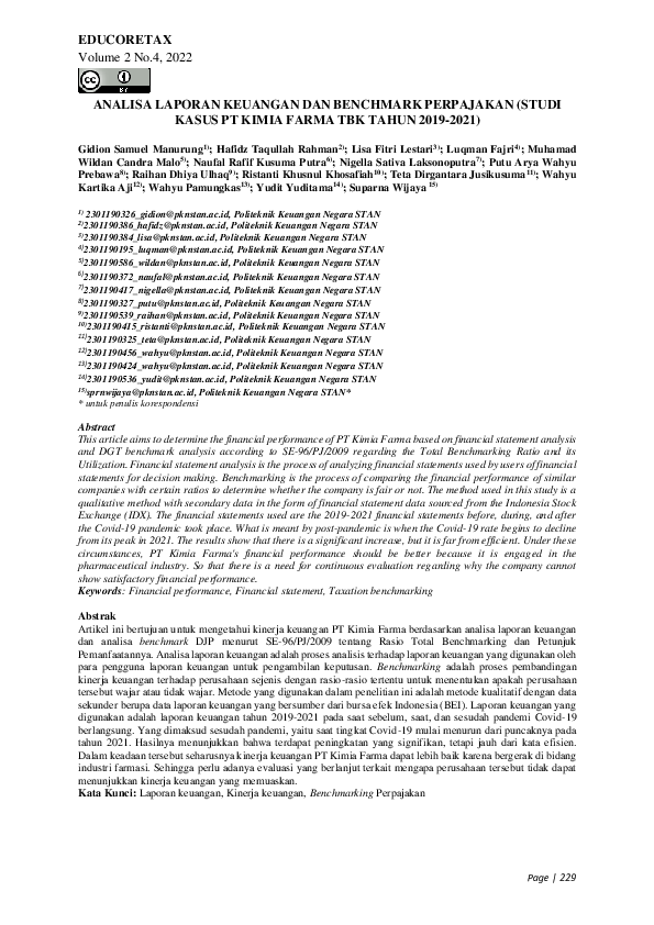 Pdf Analisa Laporan Keuangan Dan Benchmark Perpajakan Studi Kasus Pt