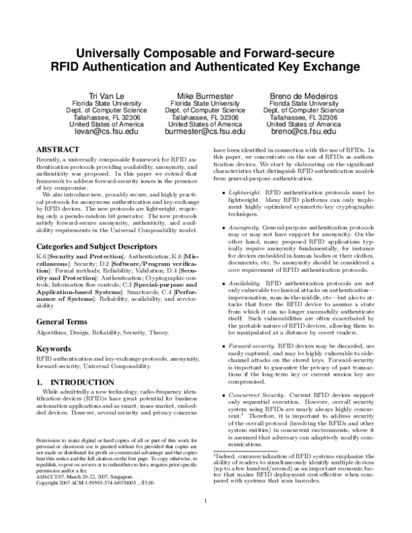 (PDF) Universally composable and forward-secure RFID authentication and authenticated key exchange