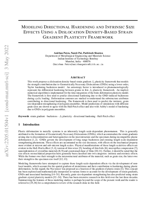 Pdf Modeling Directional Hardening And Intrinsic Size Effects Using A Dislocation Density