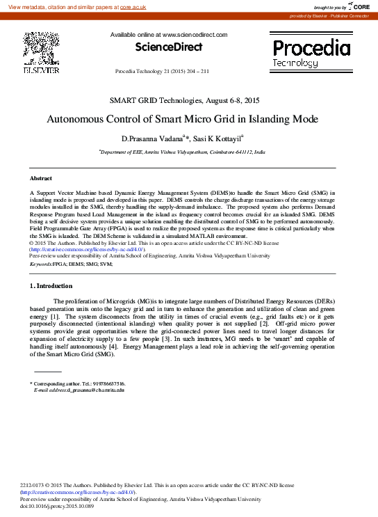 Pdf Autonomous Control Of Smart Micro Grid In Islanding Mode Sasi