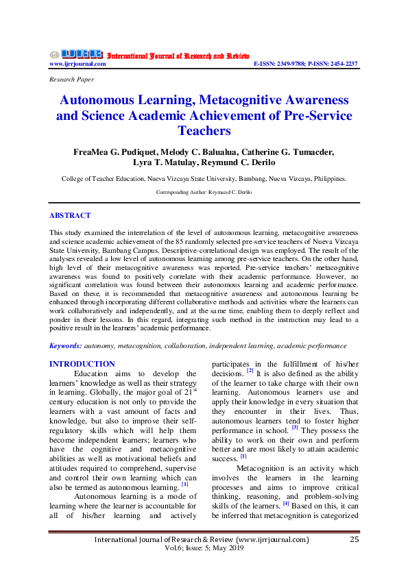 Pdf Autonomous Learning Metacognitive Awareness And Science Academic Achievement Of Pre