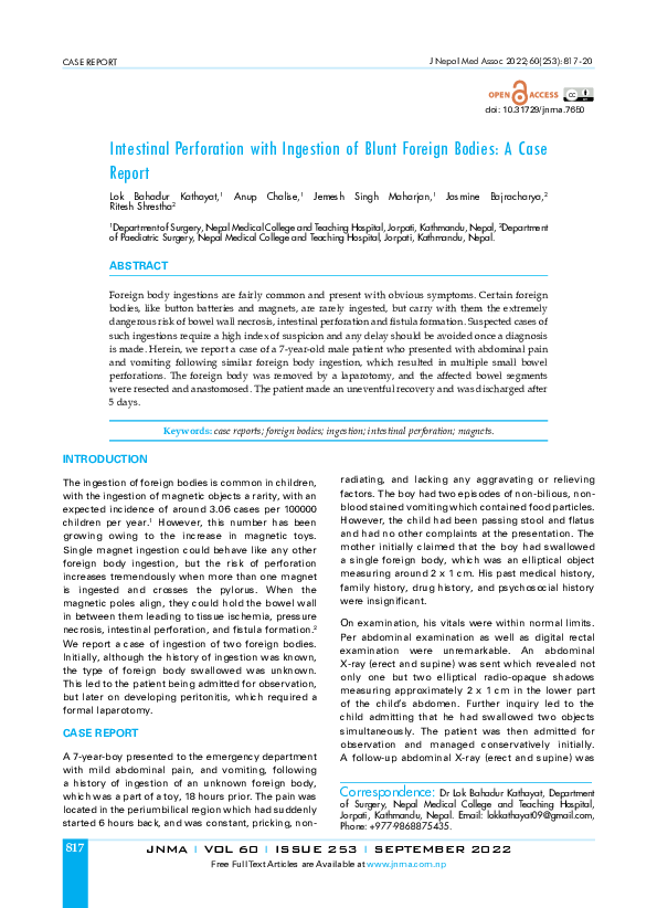 (PDF) Intestinal Perforation with Ingestion of Blunt Foreign Bodies: A ...