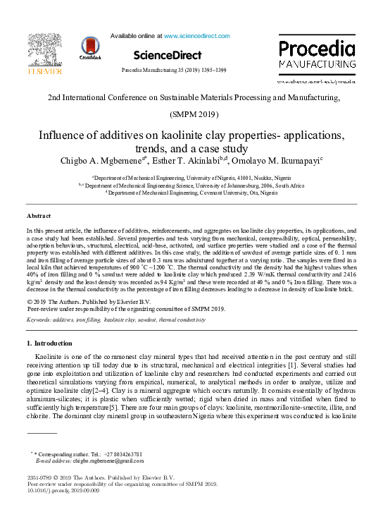 (PDF) Influence of additives on kaolinite clay properties- applications, trends, and a case study