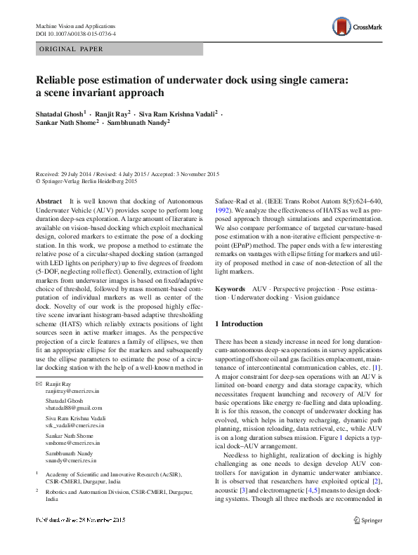 (PDF) Reliable pose estimation of underwater dock using single camera: a scene invariant approach
