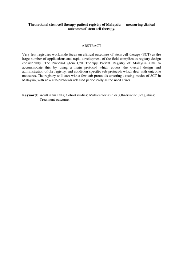 Pdf The National Stem Cell Therapy Patient Registry Of Malaysia