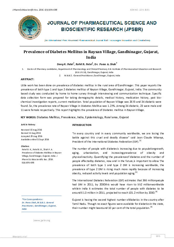 (PDF) Prevalence of Diabetes Mellitus in Raysan Village, Gandhinagar ...